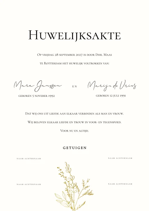 Huwelijksakte bruiloft takjes bloemen goudfolie