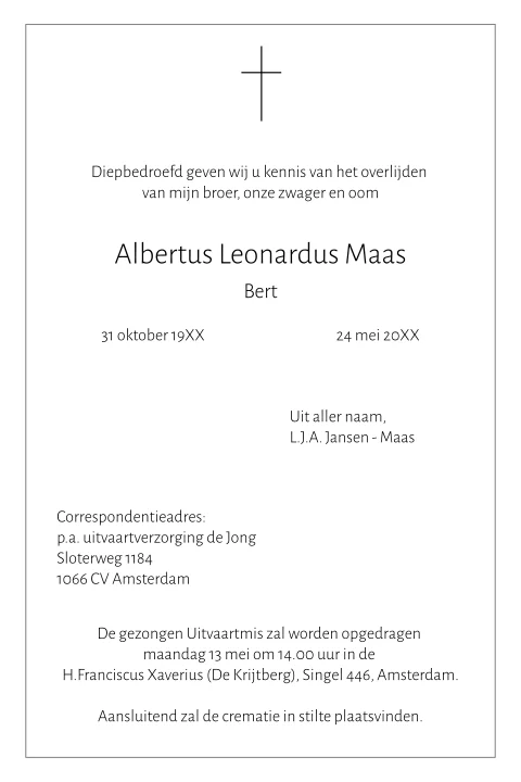 Klassieke rouwkaart met kruis en strakke typografie