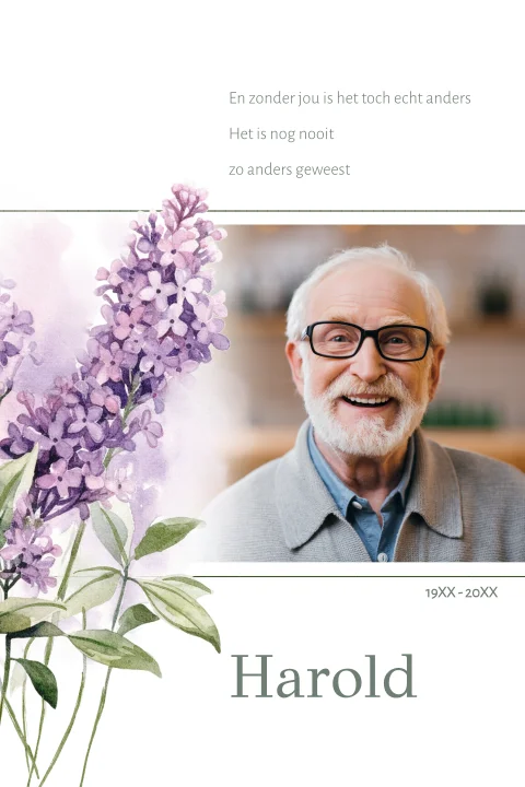 Rouwkaart met seringen en portret van een geliefde opa