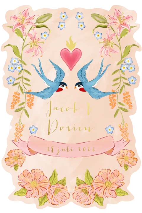 Trouwkaart blauwe zwaluw en bloemen