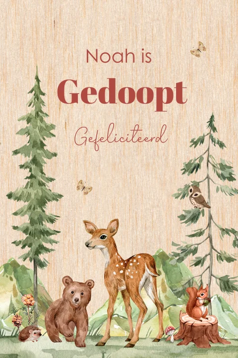 Felicitatie doop kind bosdieren hertje beertje houtlook