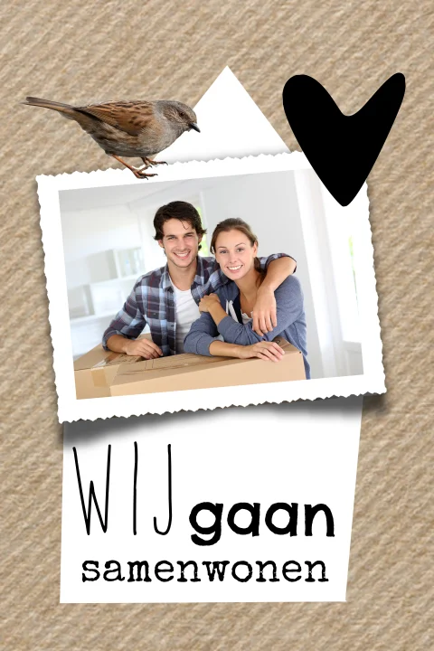 Leuke foto-samenwonen kaart met kraft print en vogel