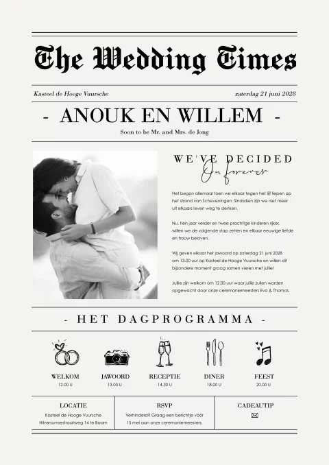 Trouwkaart krant met illustraties