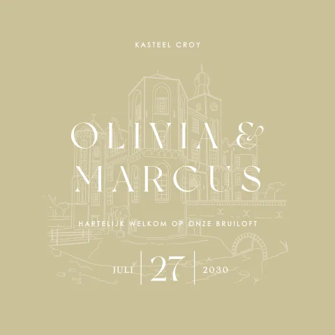Trouwkaart met trouwlocatie Kasteel Croy op een khaki achtergrond