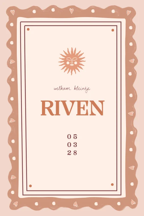 Geboortekaartje met hartjes kader in neutrale kleuren