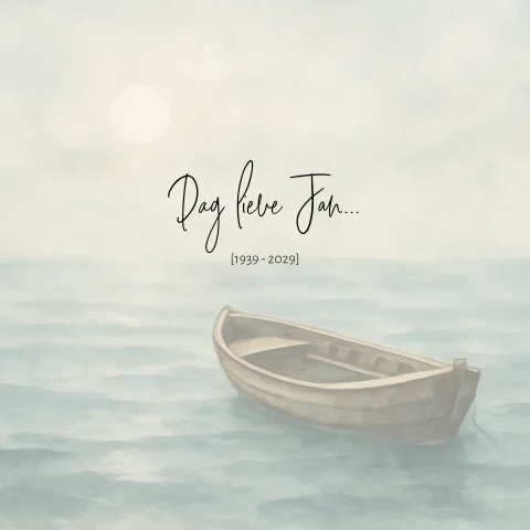 Rouwkaart met houten bootje op zee