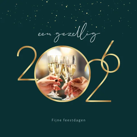 Proosten champagne kerstkaart zakelijk met foto en gouden jaartal 2026