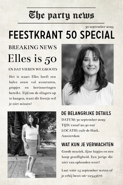 Krant uitnodiging vrouw verjaardag 50 jaar met foto