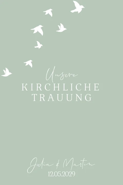 Schlichte modernes Kirchenheft zur Hochzeit in grün mit weißen Tauben