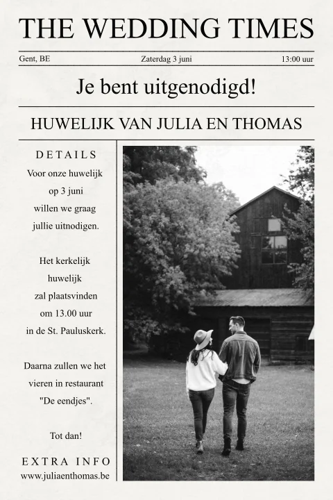 Originele huwelijksuitnodiging in de stijl van een krant